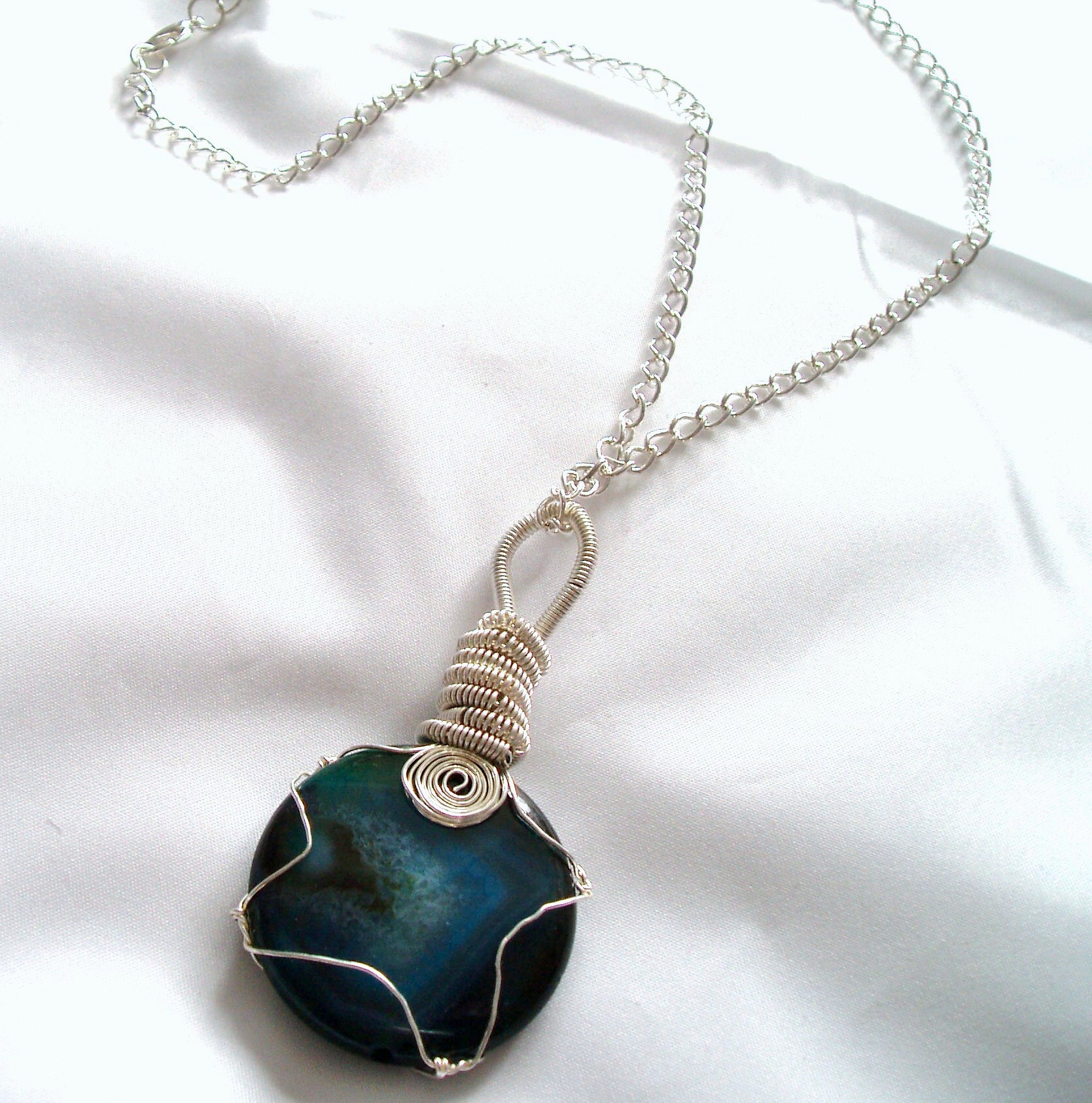 Blue Agate Wire Wrapped Pendant With Silver Plated Chain Handmade on Luulla