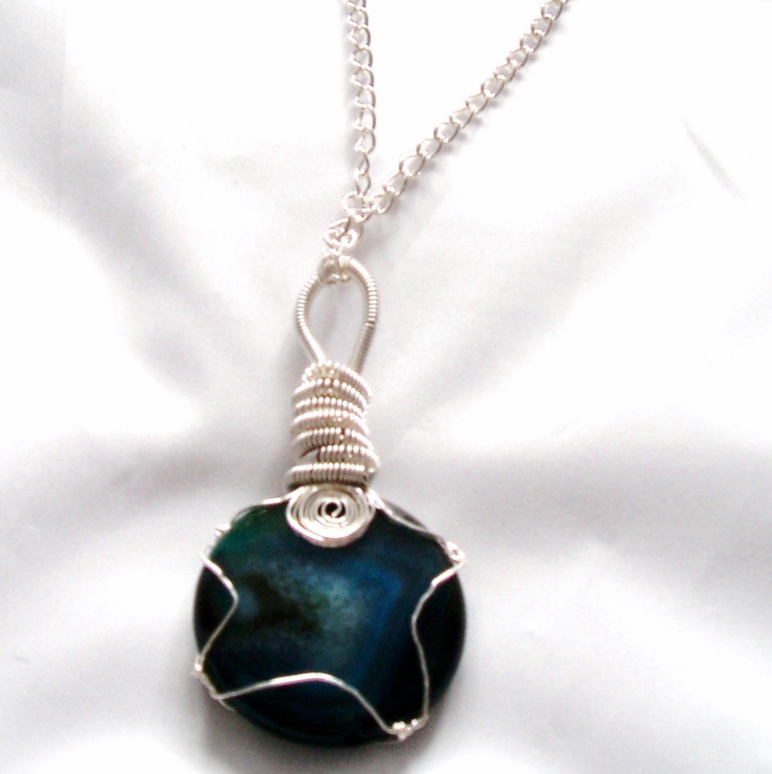 Blue Agate Wire Wrapped Pendant With Silver Plated Chain Handmade on Luulla